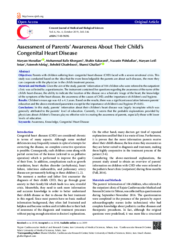 (PDF) Assessment of Parents’ Awareness About Their Child’s Congenital Heart Disease | Maryam ...