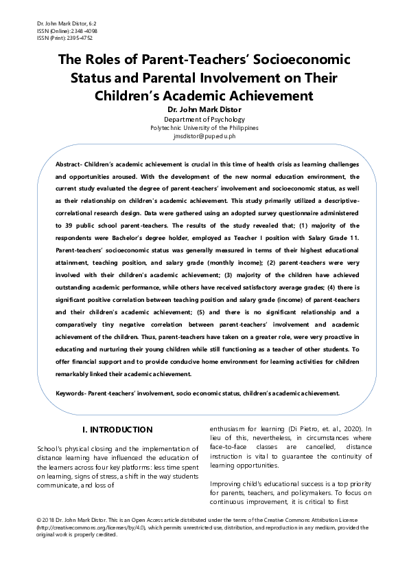 (PDF) The Roles of Parent-Teachers' Socioeconomic Status and Parental Involvement on Their ...