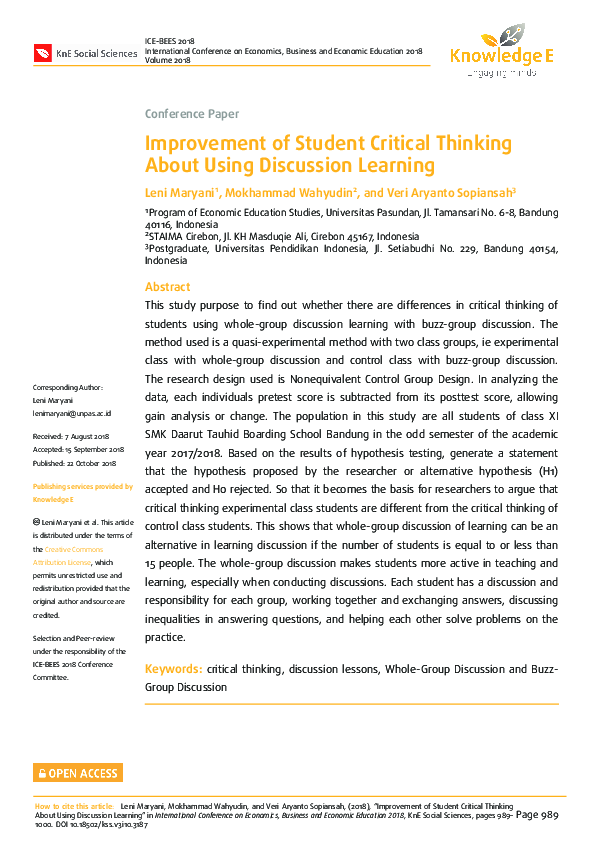 (PDF) Improvement of Student Critical Thinking About Using Discussion ...