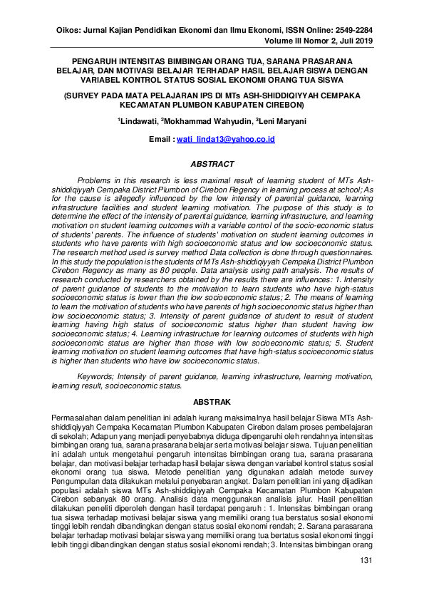 (PDF) Pengaruh Intensitas Bimbingan Orang Tua, Sarana Prasarana Belajar, Dan Motivasi Belajar ...