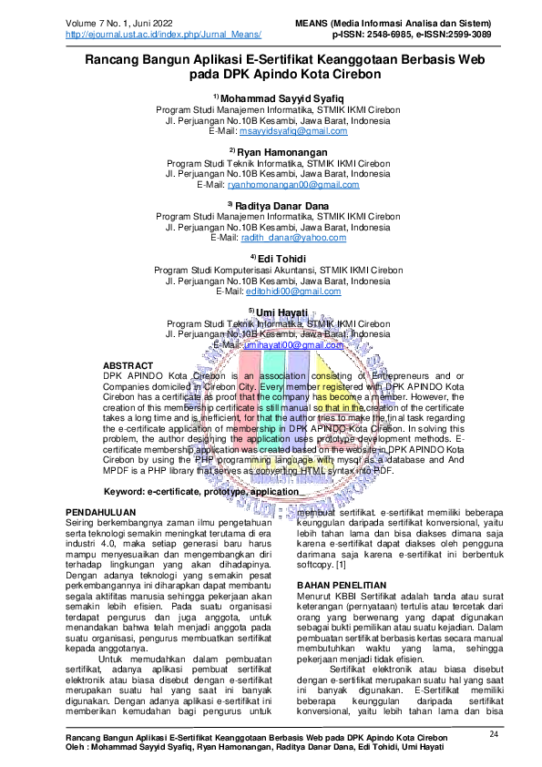 (PDF) Rancang Bangun Aplikasi E-Sertifikat Berbasis Web pada DPK Apindo Kota Cirebon