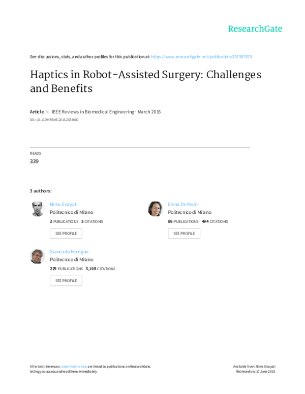 (PDF) Haptics in Robot-Assisted Surgery: Challenges and Benefits