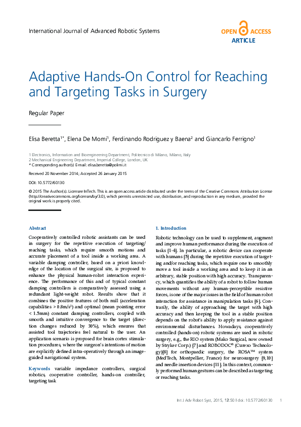 (PDF) Adaptive Hands-On Control for Reaching and Targeting Tasks in Surgery