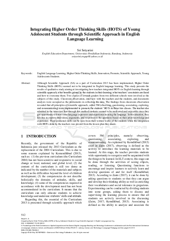 (PDF) Integrating Higher Order Thinking Skills (HOTS) of Young Adolescent Students through ...