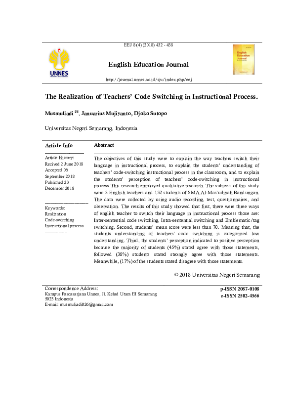 (PDF) The Realization of Teachers’ Code Switching in Instructional Process