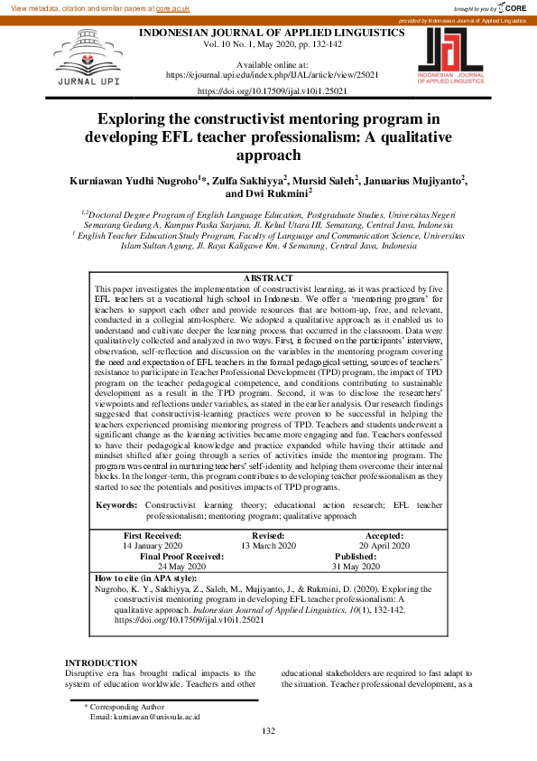 (PDF) Exploring the constructivist mentoring program in developing EFL teacher professionalism ...
