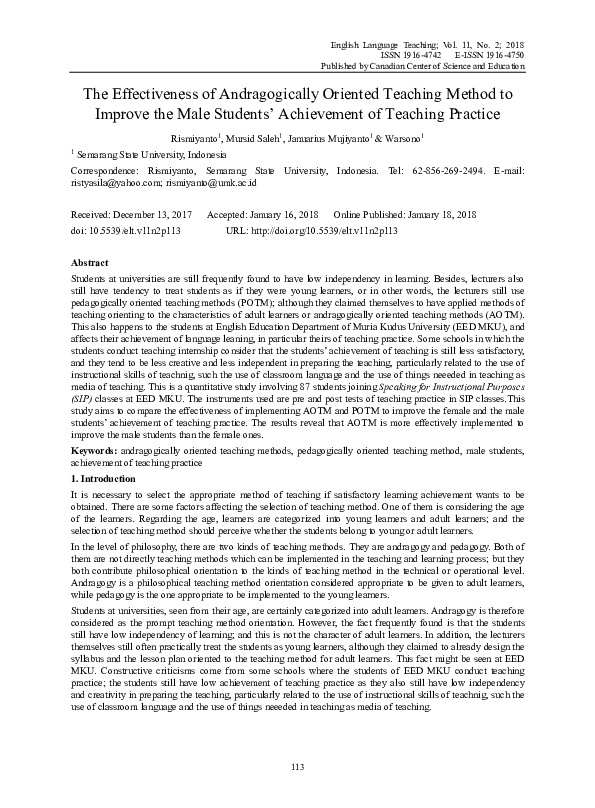 (PDF) The Effectiveness of Andragogically Oriented Teaching Method to Improve the Male Students ...
