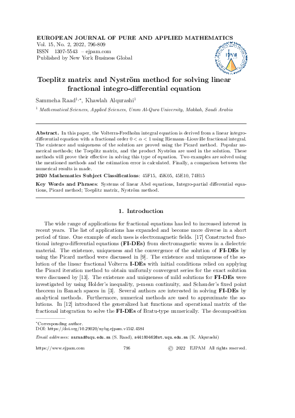 Toeplitz Matrix And Nyström Method For Solving Linear Fractional Integro Differential Equation