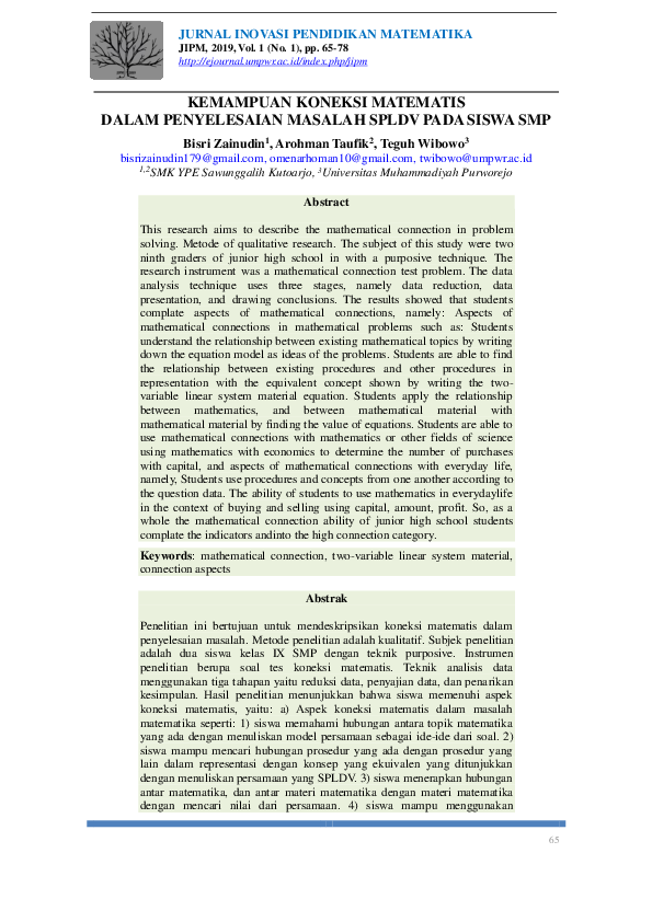 (PDF) Kemampuan Koneksi Matematis Dalam Penyelesaian Masalah SPLDV Pada Siswa SMP | Bisri ...