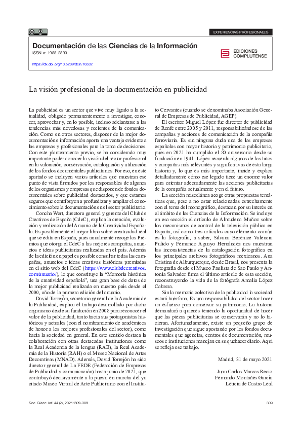 (PDF) Prólogo: La visión profesional de la documentación en publicidad