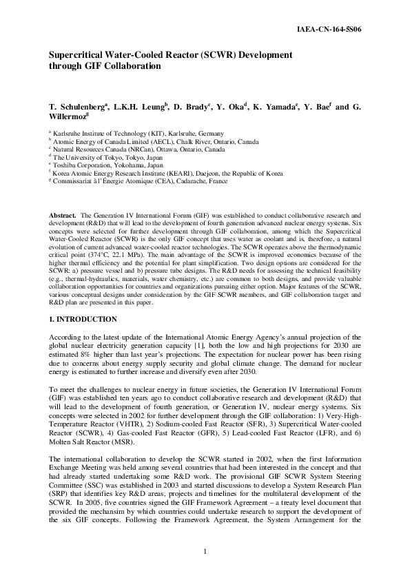 (PDF) Supercritical water-cooled reactor (SCWR) development through GIF ...