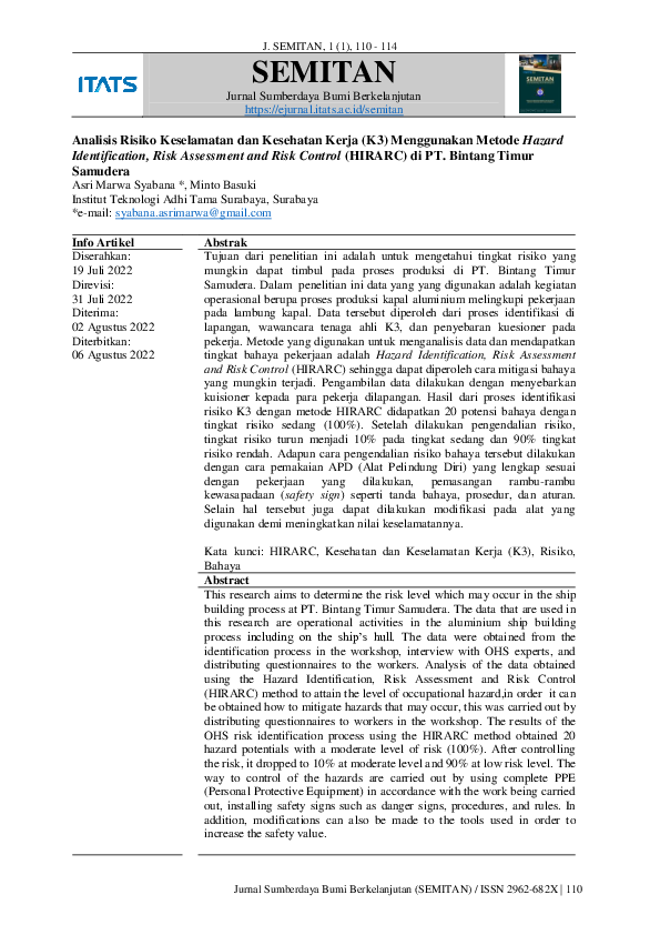 (PDF) Analisis Risiko Keselamatan dan Kesehatan Kerja (K3) Menggunakan ...