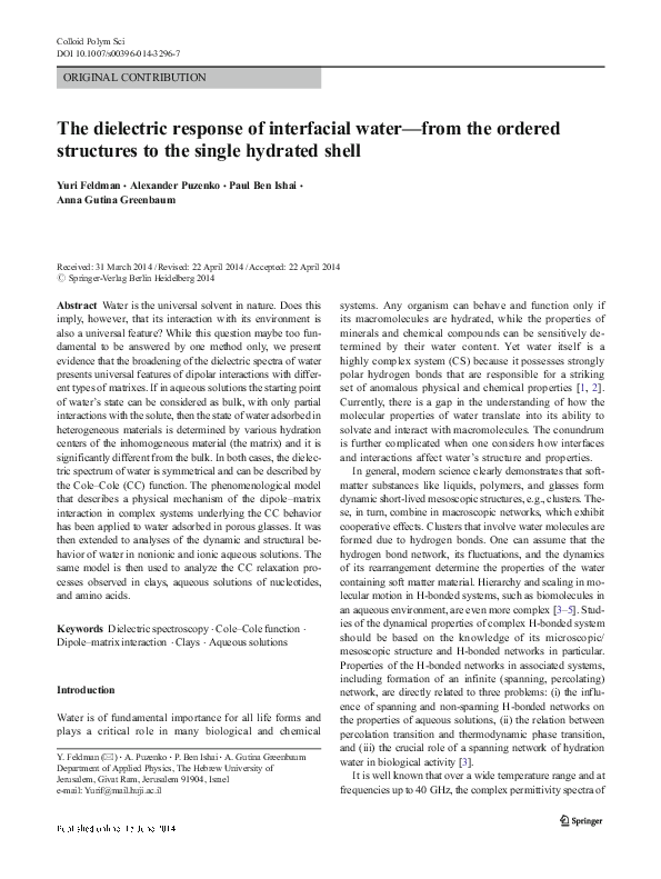 (PDF) The dielectric response of interfacial water—from the ordered ...
