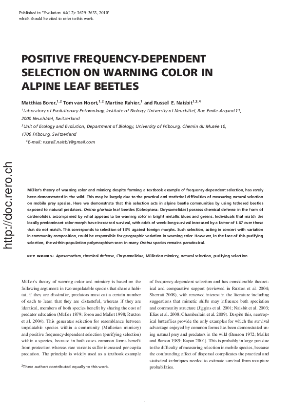 (PDF) Positive Frequency-Dependent Selection on Warning Color in Alpine ...