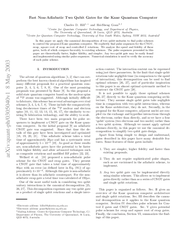 (PDF) Fast nonadiabatic two-qubit gates for the Kane quantum computer