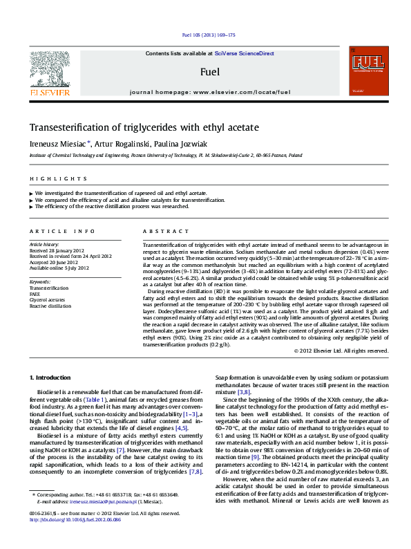 (PDF) Transesterification of triglycerides with ethyl acetate