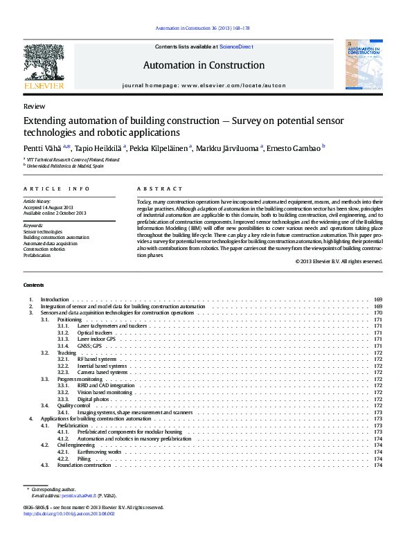 (PDF) Extending automation of building construction — Survey on potential sensor technologies ...