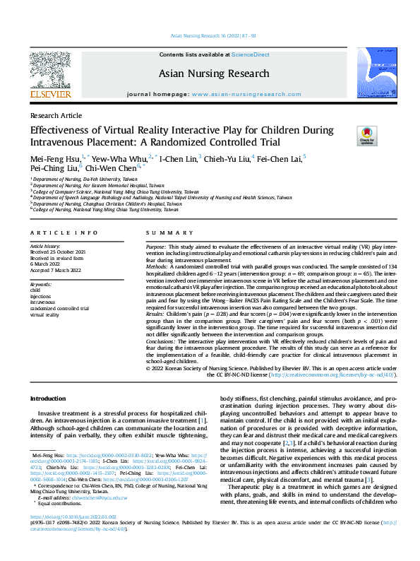 (PDF) Effectiveness of Virtual Reality Interactive Play for Children During Intravenous ...