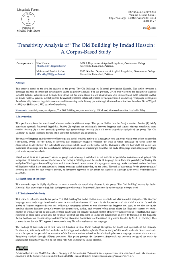 (PDF) Transitivity Analysis of ‘The Old Building’ by Imdad Hussein: A ...