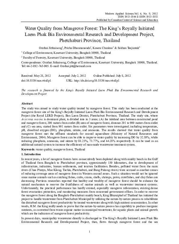 (PDF) Water Quality from Mangrove Forest: The King’s Royally Initiated ...