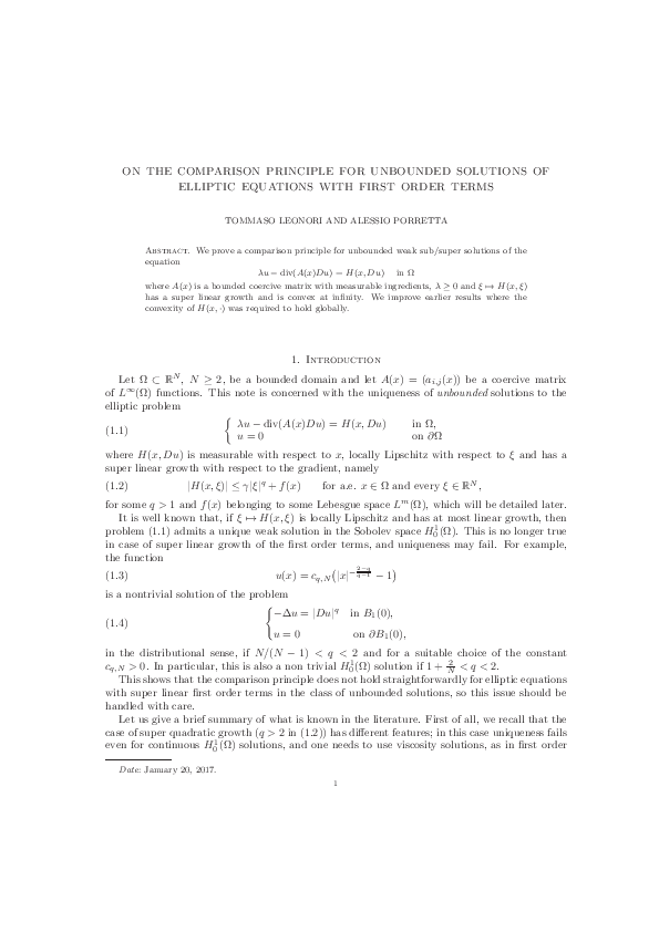 Pdf On The Comparison Principle For Unbounded Solutions Of Elliptic Equations With First Order