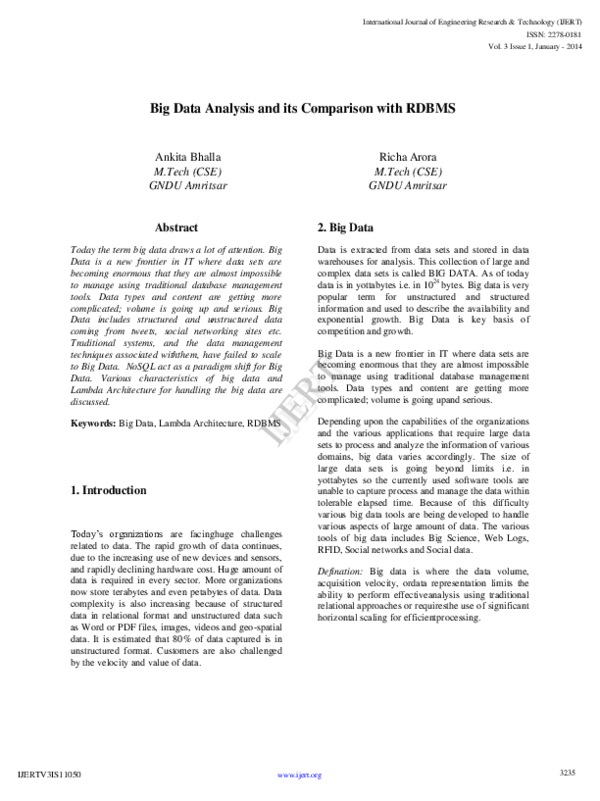 Pdf Big Data Analysis And Its Comparison With Rdbms 2473