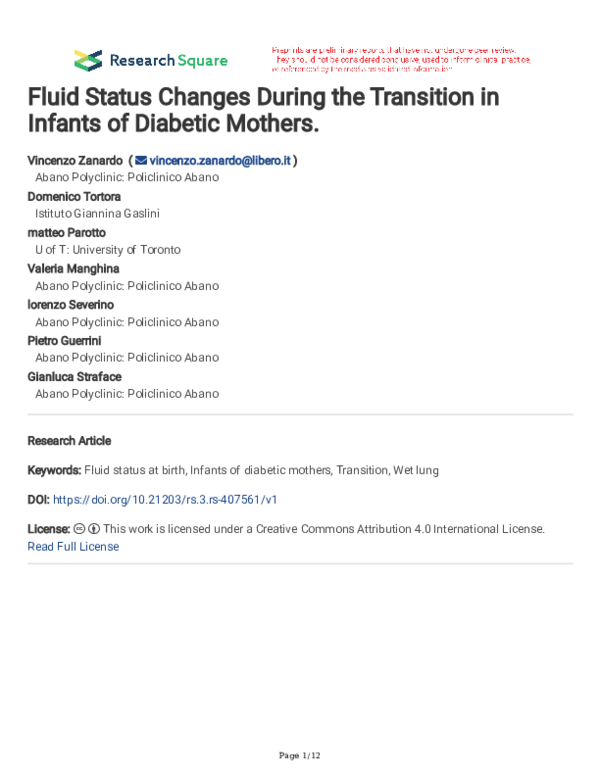 (PDF) Fluid Status Changes During the Transition in Infants of Diabetic ...