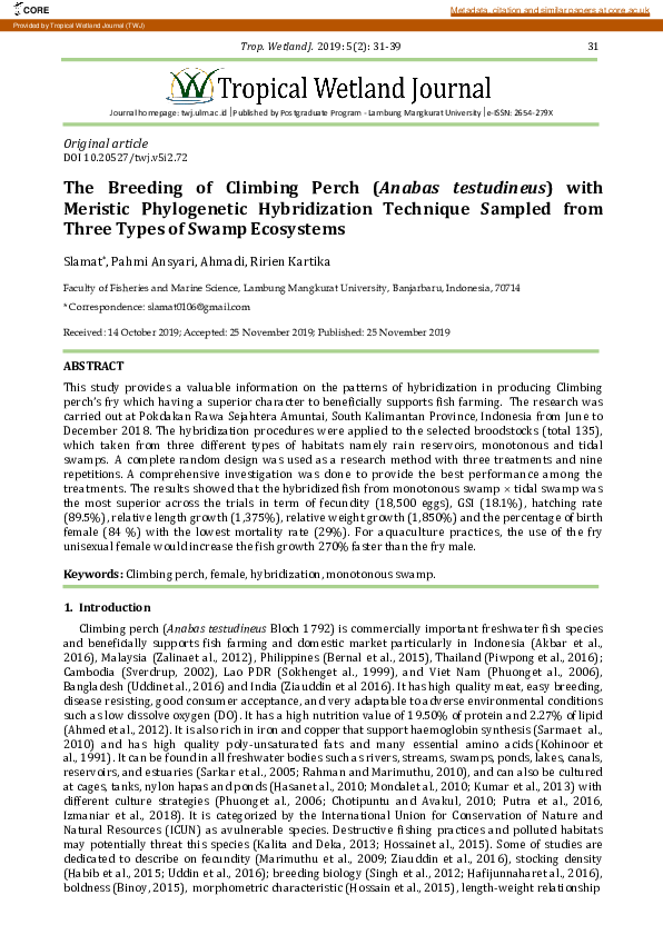 (PDF) The Breeding of Climbing Perch (Anabas Testudineus) With Meristic ...