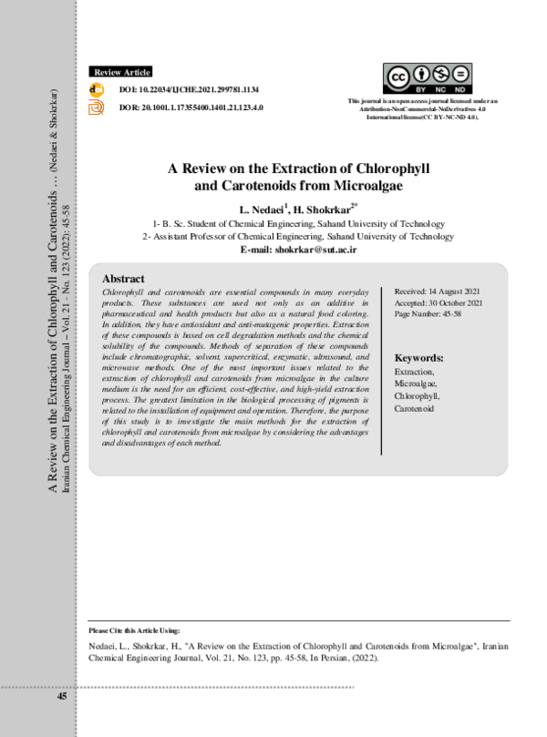 (PDF) A Review on the Extraction of Chlorophyll and Carotenoids from Microalgae
