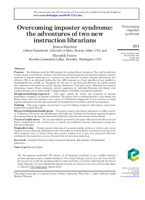 (PDF) Overcoming imposter syndrome: the adventures of two new instruction librarians