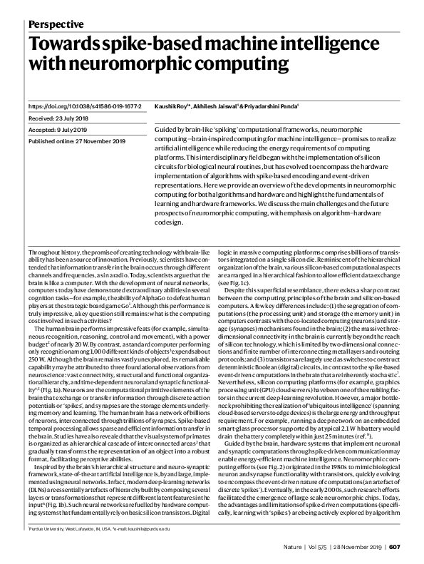 Pdf Towards Spike Based Machine Intelligence With Neuromorphic Computing