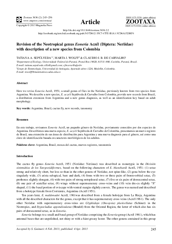 (PDF) Revision of the Neotropical genus Eoneria Aczél (Diptera ...