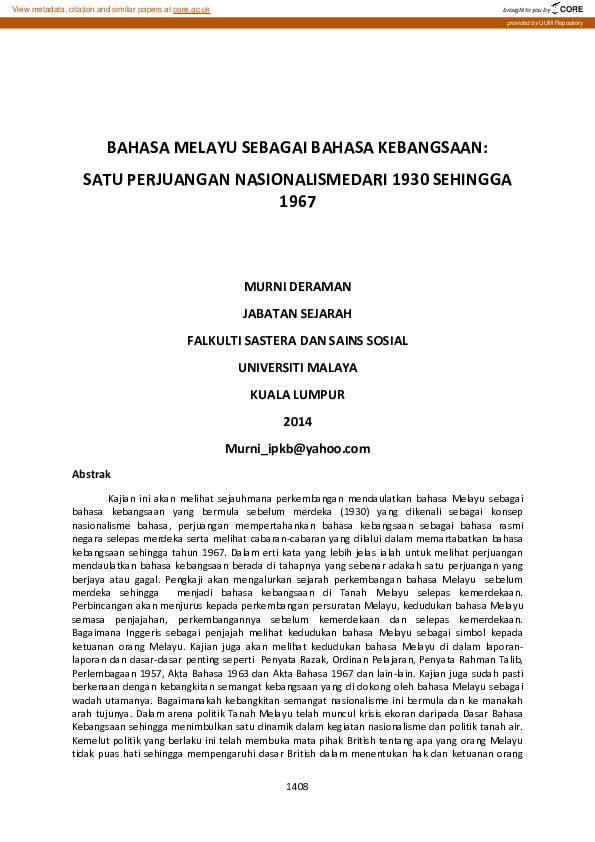 (PDF) Bahasa Melayu sebagai bahasa kebangsaan: Satu perjuangan nasionalisme dari 1930 sehingga 1967