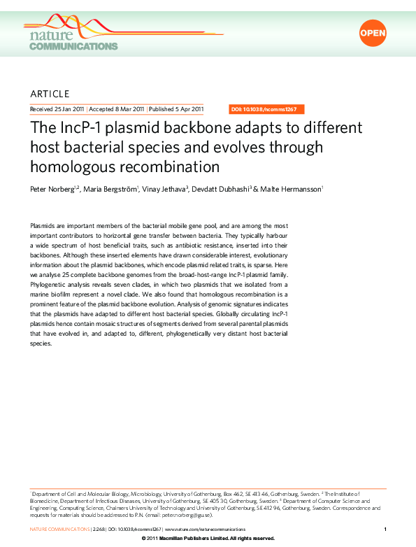 (PDF) The IncP-1 plasmid backbone adapts to different host bacterial ...