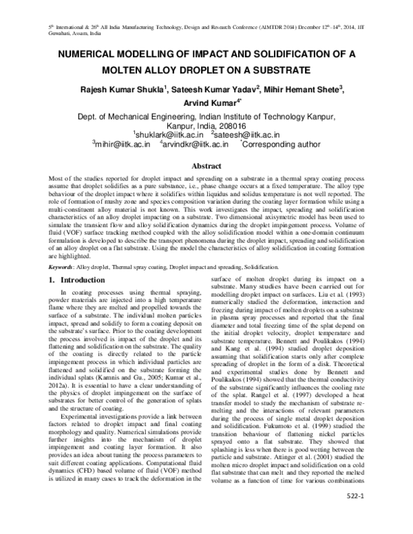 (PDF) Numerical Modeling of Impact and Solidification of a Molten Alloy Droplet on a Substrate