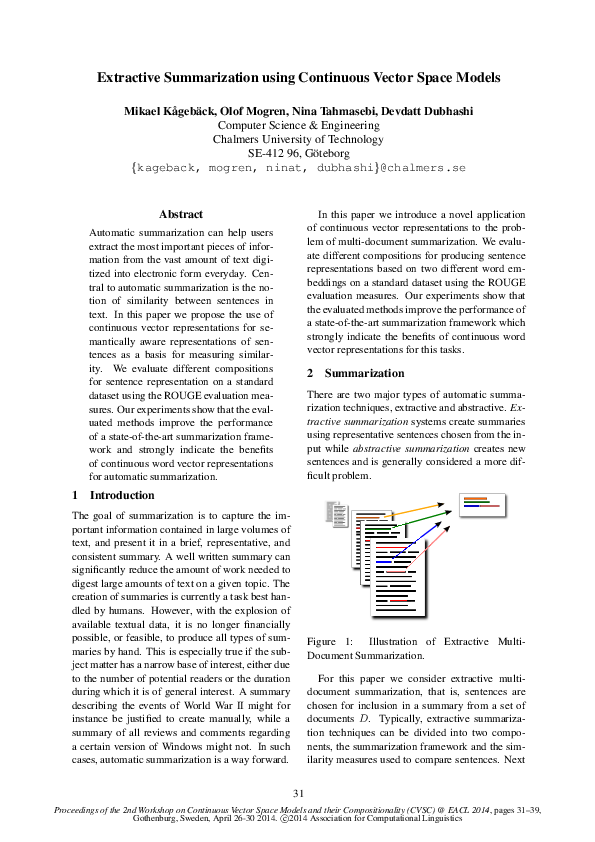 (PDF) Extractive Summarization using Continuous Vector Space Models (PDF) Extractive Summarization using Continuous Vector Space Models