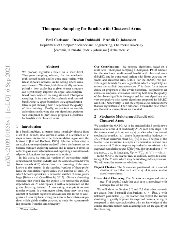 (PDF) Thompson Sampling for Bandits with Clustered Arms