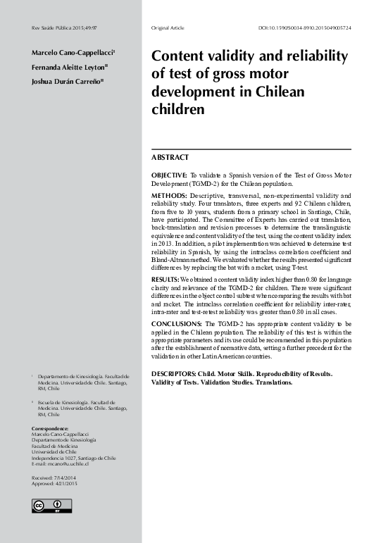 (PDF) Content validity and reliability of test of gross motor ...