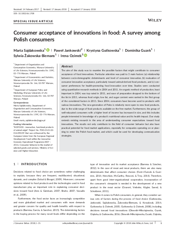 (PDF) Consumer acceptance of innovations in food: A survey among Polish ...