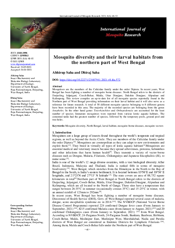 (PDF) Mosquito diversity and their larval habitats from the northern ...