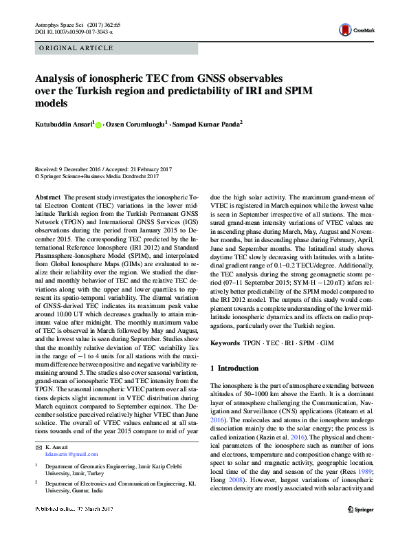 (PDF) Analysis of ionospheric TEC from GNSS observables over the Turkish region and ...