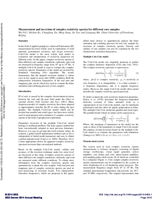 (PDF) Measurement and inversion of complex resistivity spectra for different core samples