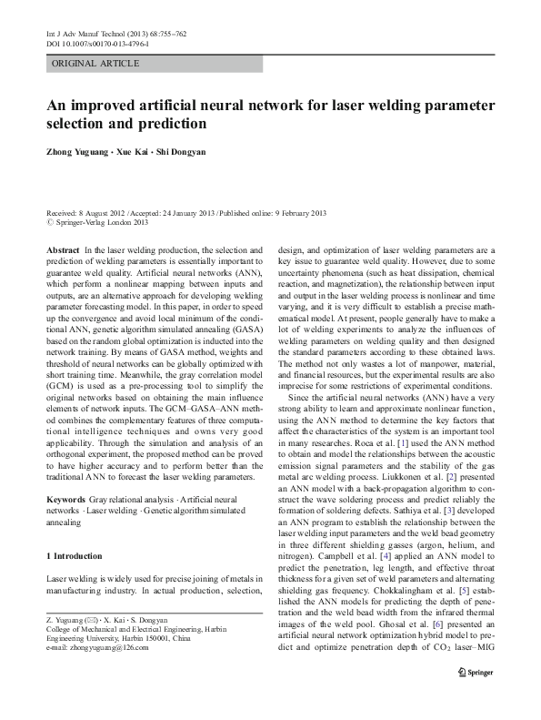 (PDF) An improved artificial neural network for laser welding parameter selection and prediction