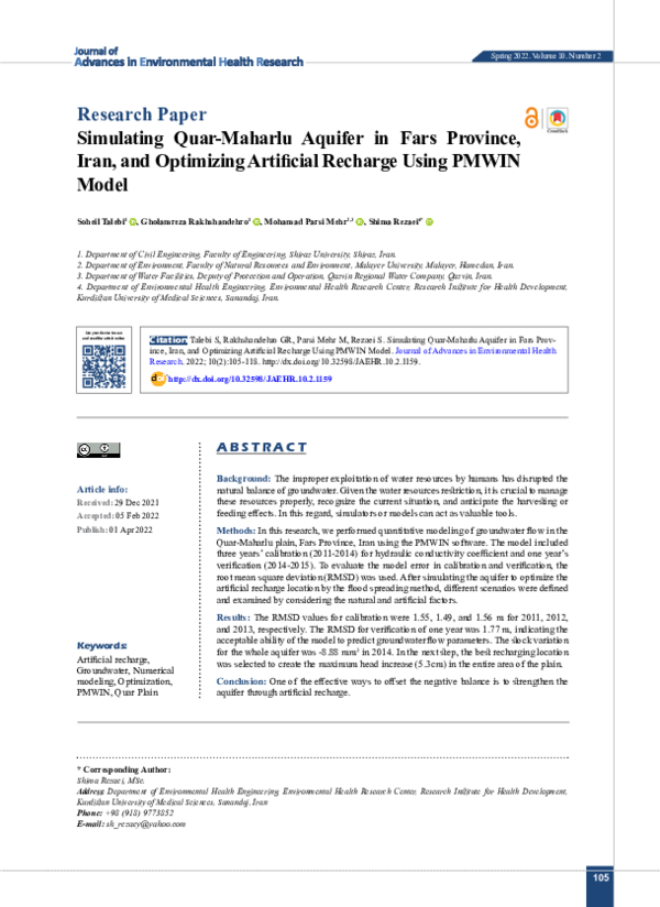 Pdf Research Paper Simulating Quar Maharlu Aquifer In Fars Province Iran And Optimizing