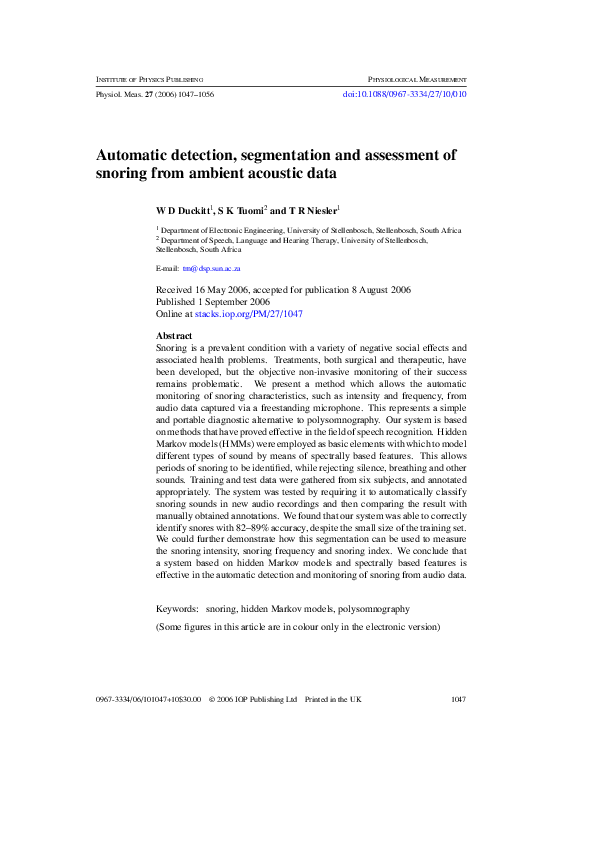 Pdf Automatic Detection Segmentation And Assessment Of Snoring From Ambient Acoustic Data