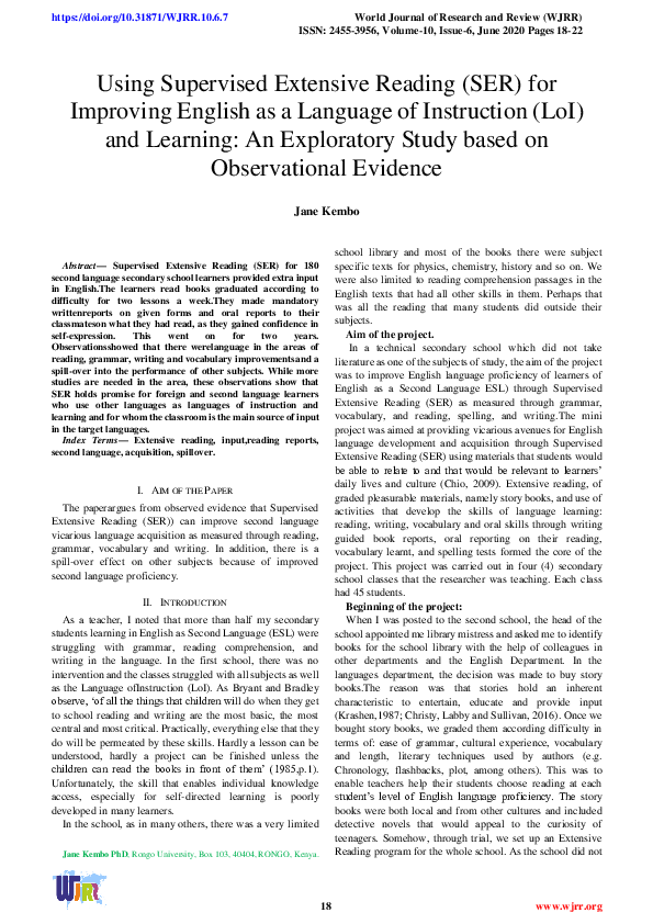 (PDF) Using Supervised Extensive Reading (SER) for Improving English as a Language of ...