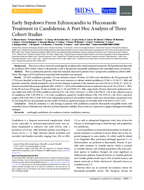 (PDF) Early Stepdown From Echinocandin to Fluconazole Treatment in Candidemia: A Post Hoc ...
