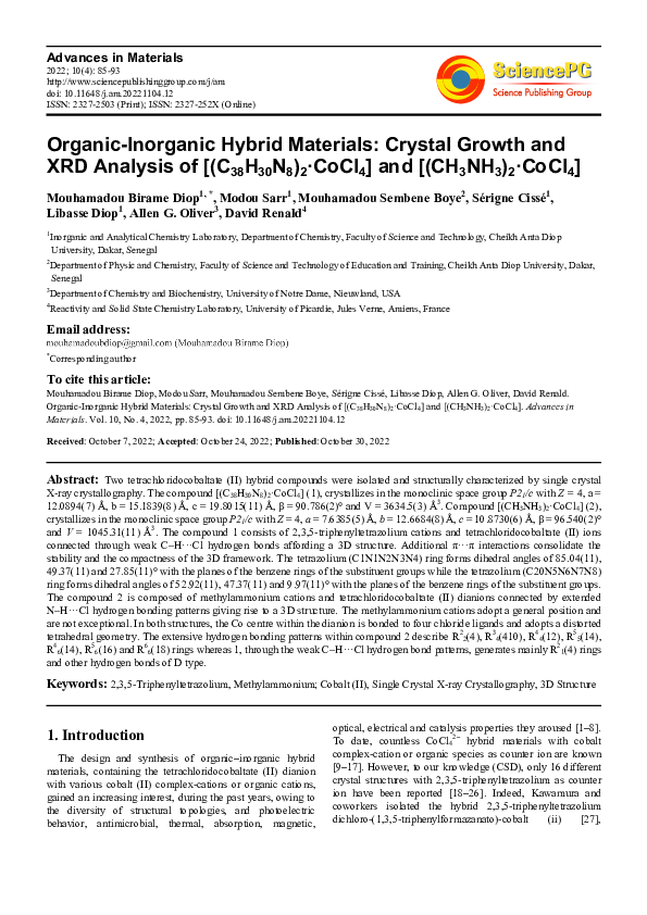 (PDF) Organic-Inorganic Hybrid Materials: Crystal Growth and XRD ...
