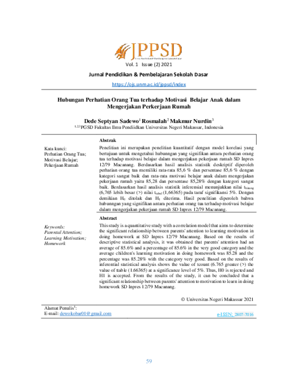 (PDF) Hubungan Perhatian Orang Tua Terhadap Motivasi Belajar Anak Dalam Mengerjakan Perkerjaan Rumah