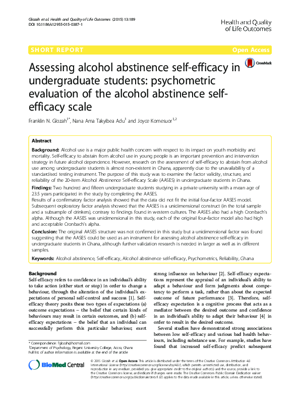 (PDF) Assessing alcohol abstinence self-efficacy in undergraduate ...